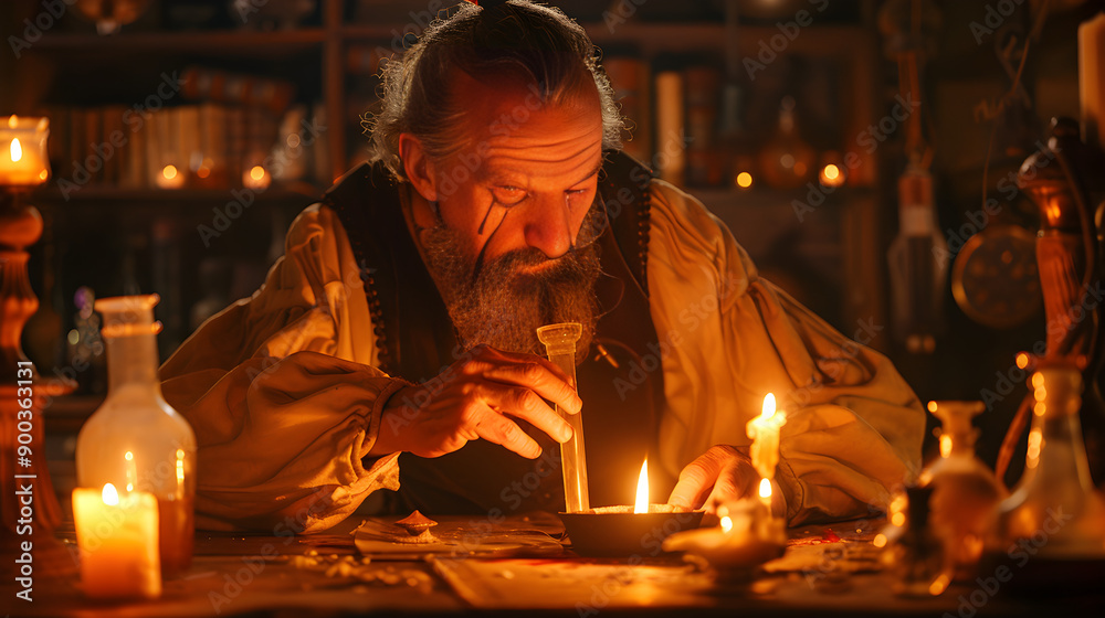 An alchemist in Renaissance attire conducts experiments with potions ...