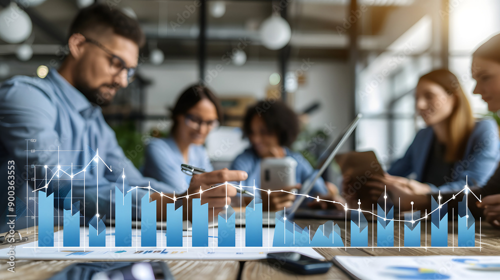 Diverse Team Analyzes Upward Trend Chart in Well-Lit Office: Fostering ...