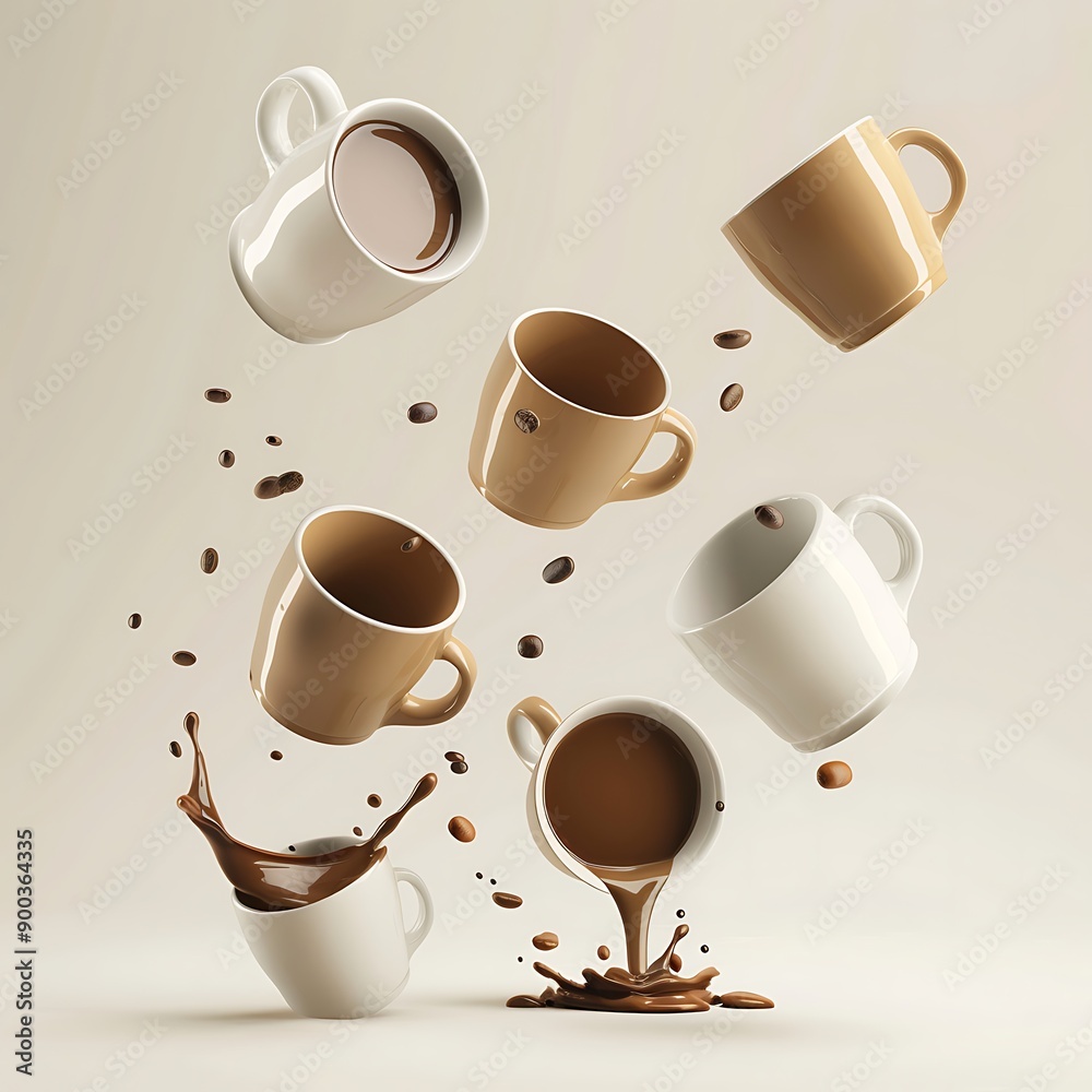 Realistic image showcasing multiple coffee cups floating in the air ...