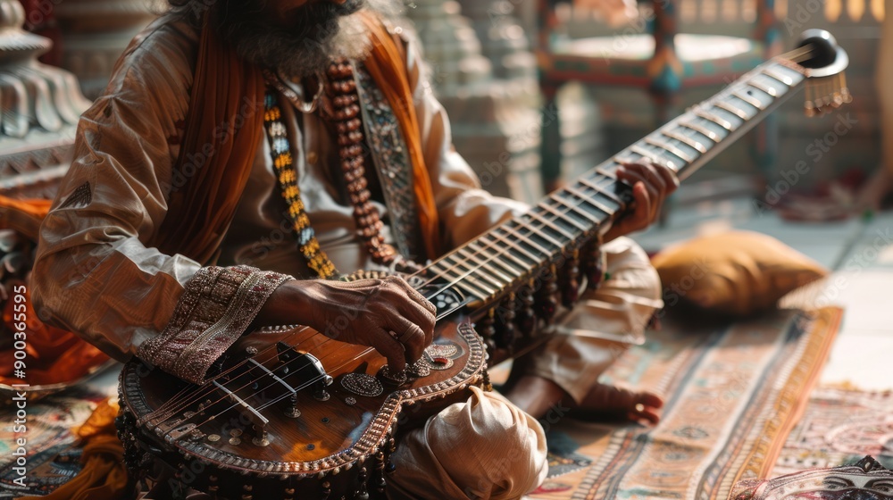 A musician playing a sitar in a traditional setting, capturing the rich ...