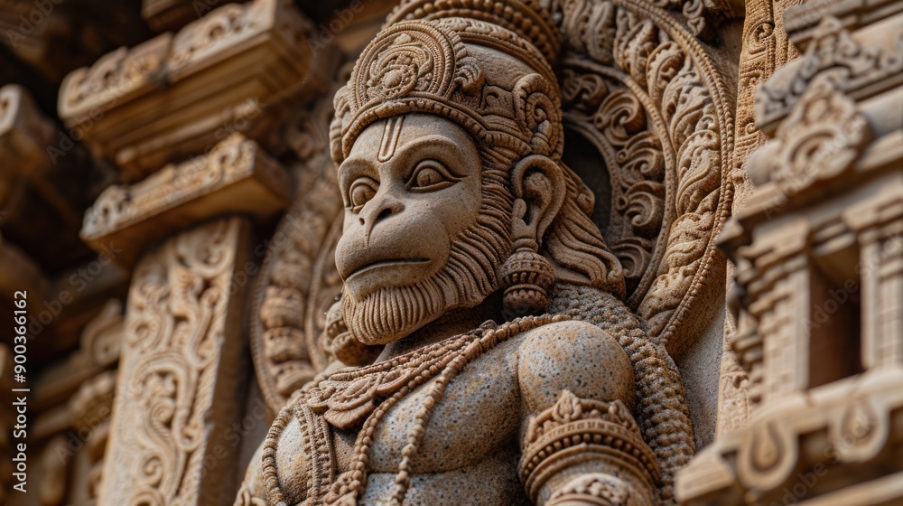 A detailed carving of Lord Hanuman, the monkey god, showcasing his ...