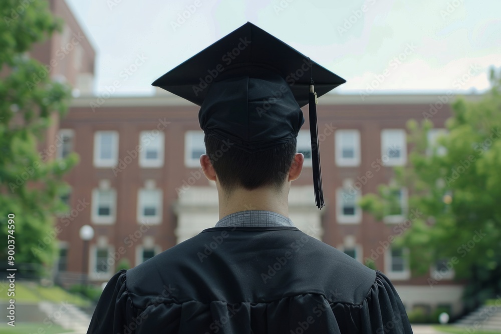 Young graduate wearing cap and gown standing proud in front of ...