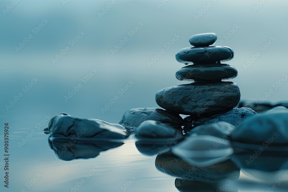 pile of rocks sitting on top of body of water, calming blue background ...