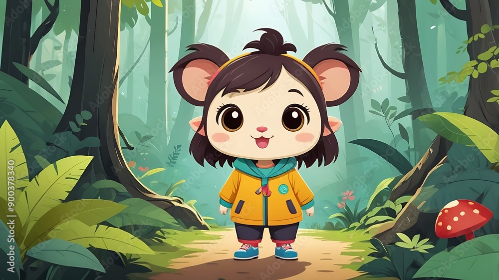 Smiling cartoon mouse girl in forest, suitable for childrens books ...