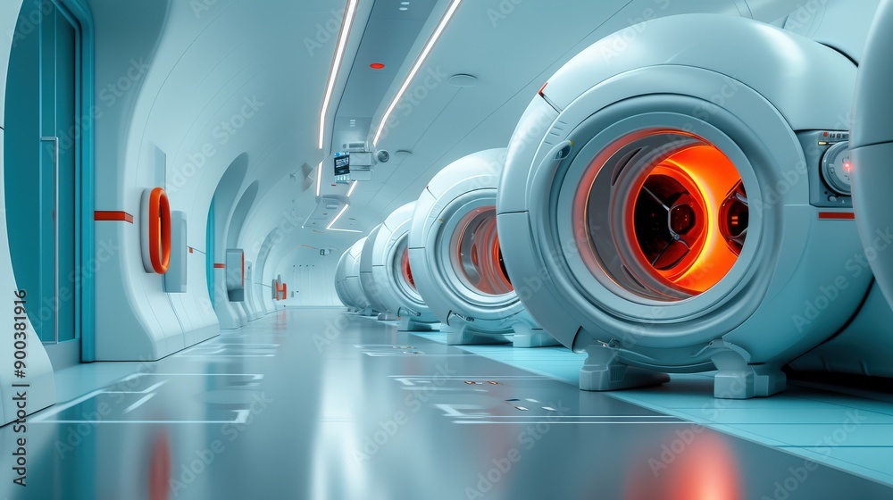 Futuristic medical facility featuring advanced capsules, sleek design ...