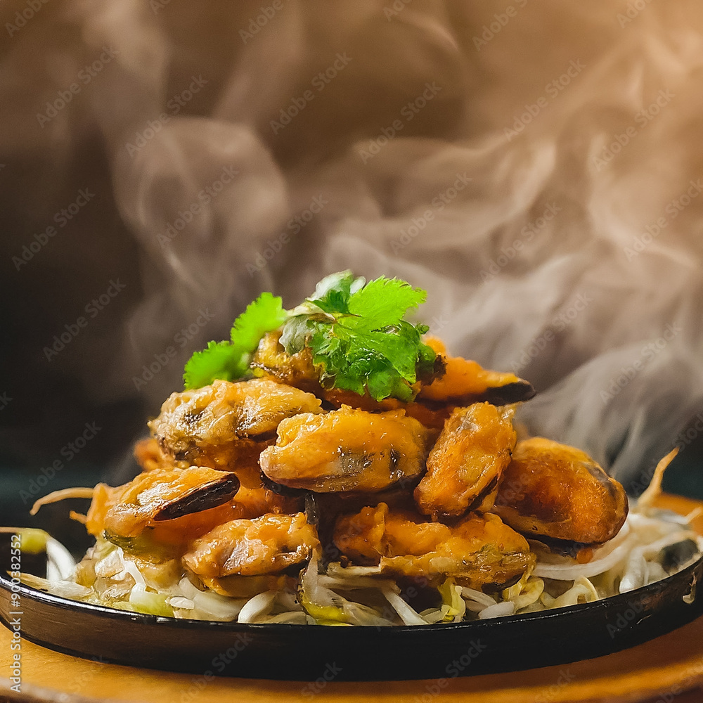 Thai Street Food Hoi Tod, Crispy Pan Fried Mussels With Eggs. Stock ...