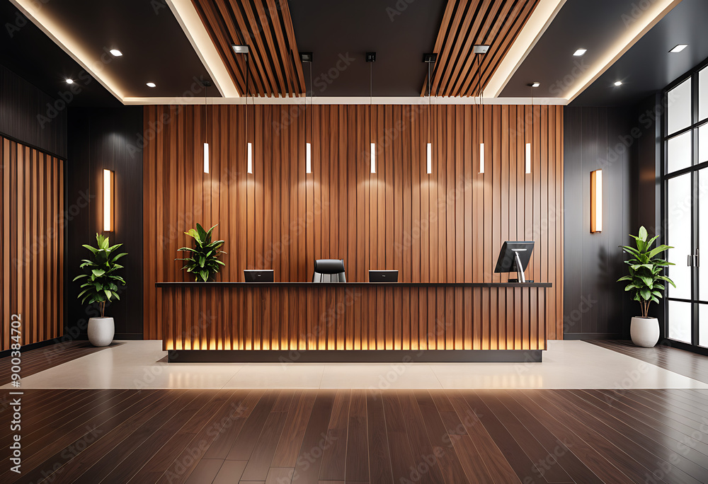 modern lobby interior long wooden reception desk polished dark floor ...