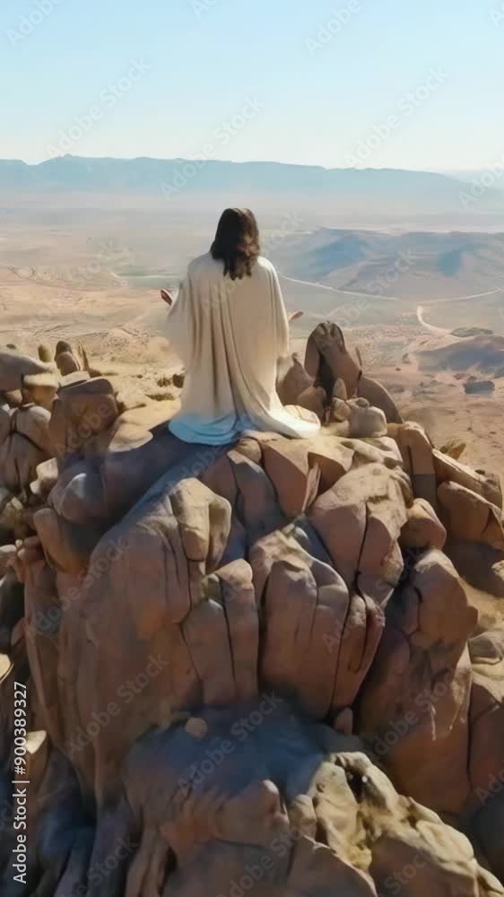 Jesus Christ praying in desert up on rocky mountain animation -- 4k ...