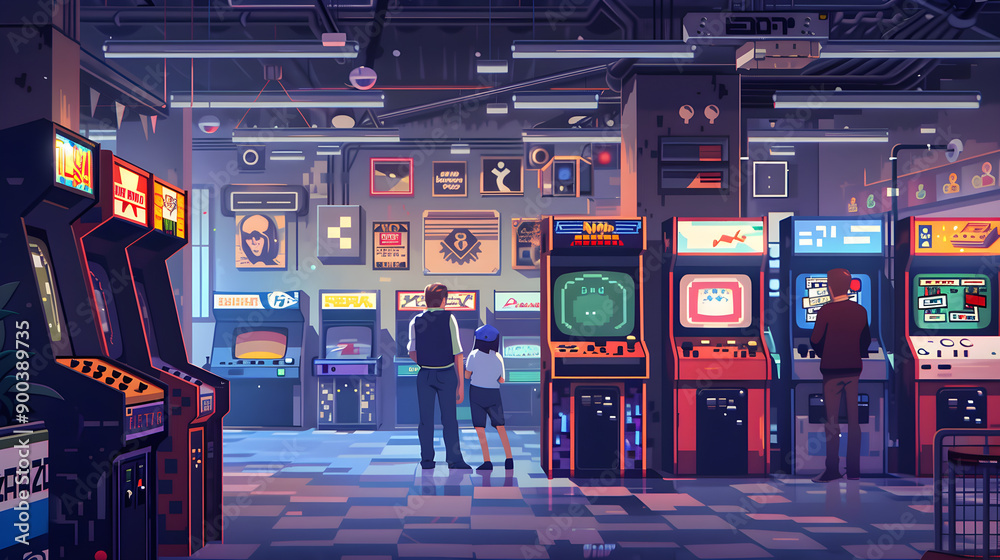 Retro gaming scene featuring colorful pixel art characters in a vibrant ...