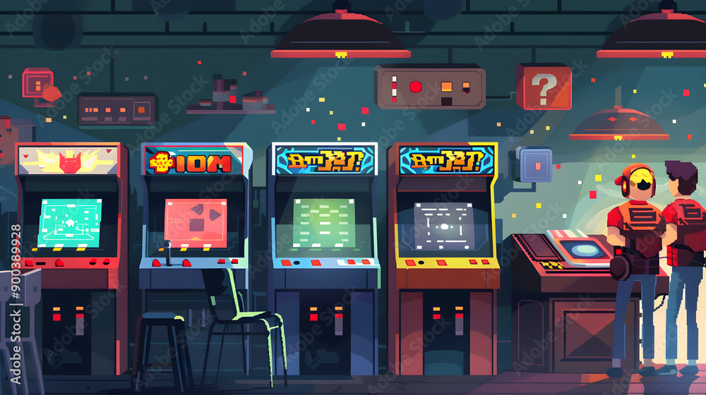 Colorful retro video game scene with pixel art characters in a vibrant ...