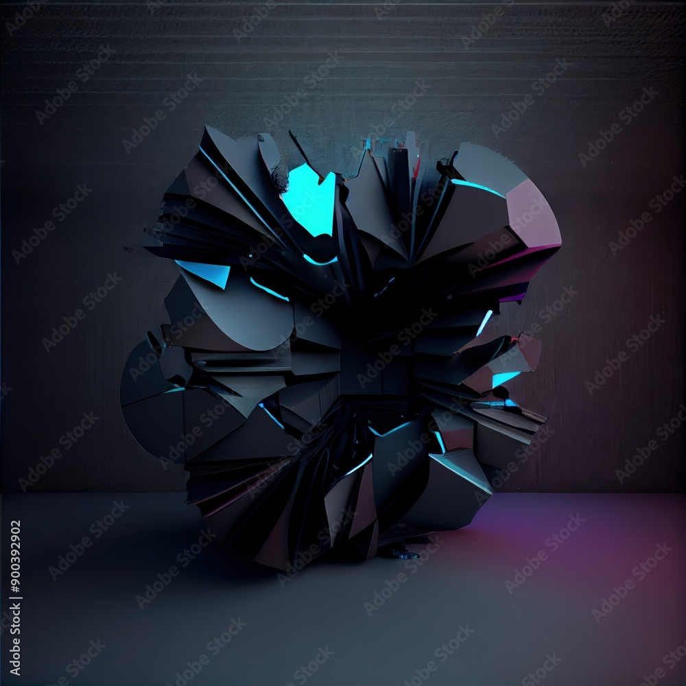 abstract 3D structure with sharp, angular shapes and glowing blue and ...