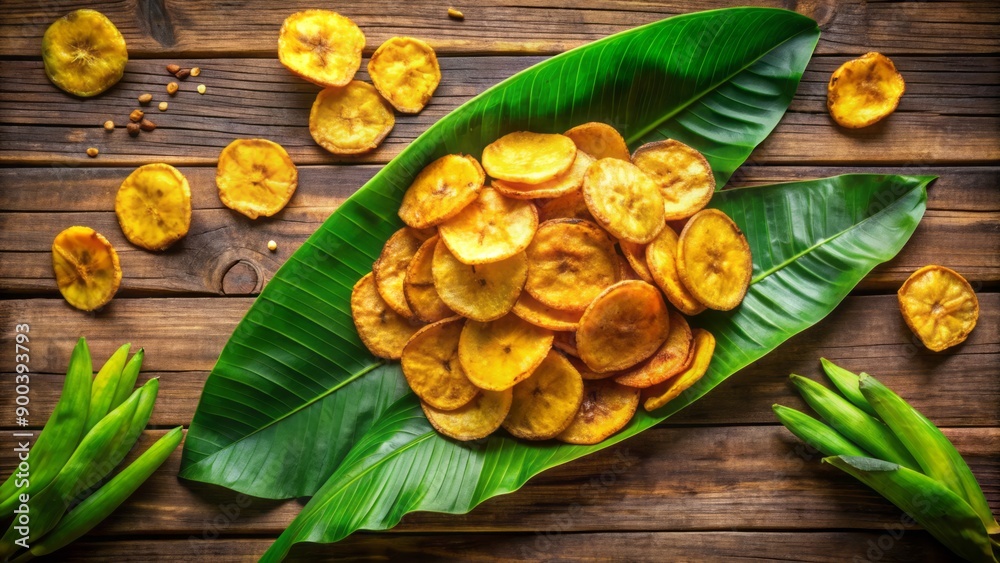 Golden crispy plantain chips scattered on a rustic wooden table amidst ...