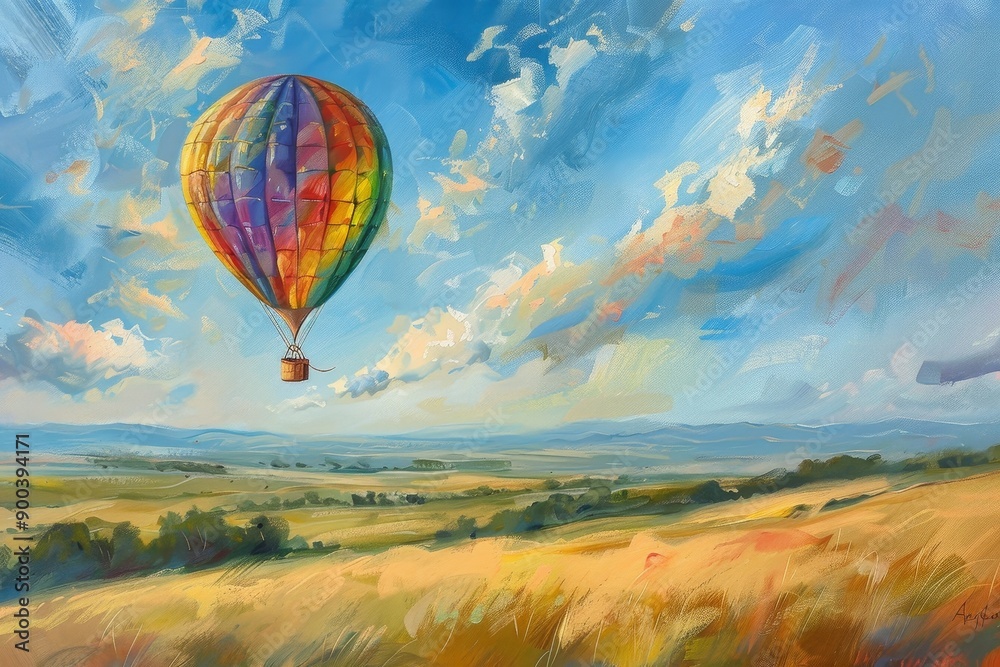 hot air balloon flying over lush green field, colorful hot air balloon ...