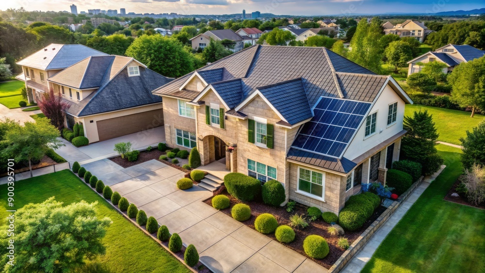 Elegant two-story corner residence with sleek solar panels and ...