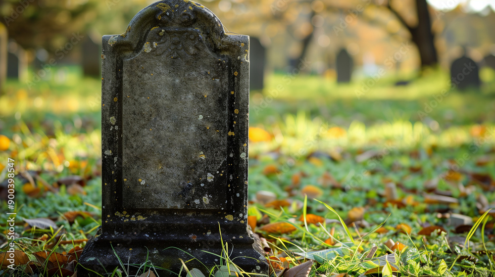 Blank Grave headstone in cemetery with scattered flowers memorial and ...