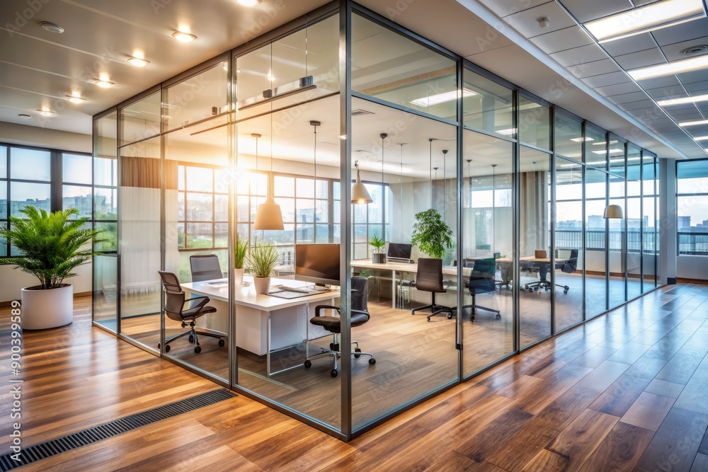 Modern office interior with sleek glass partition walls, blurred ...