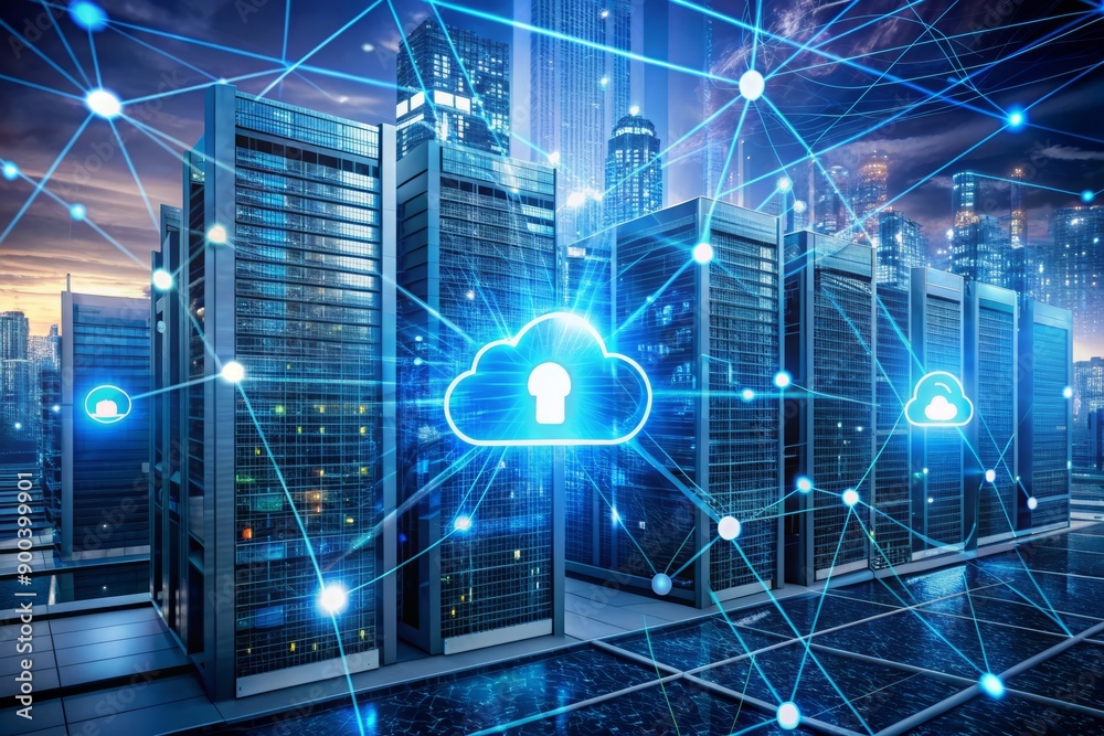 Modern network infrastructure with secure cloud and edge computing systems, robust firewalls ...