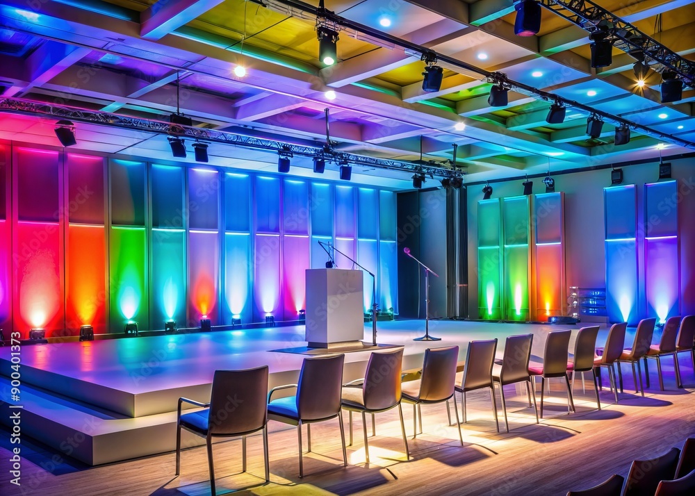 Colorful stage lights illuminate a modern conference setting, awaiting ...