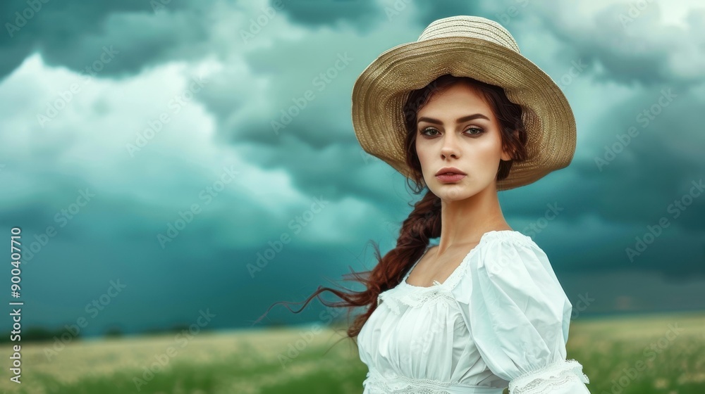 Elegant woman in Victorian dress poses in field under dramatic sky for ...