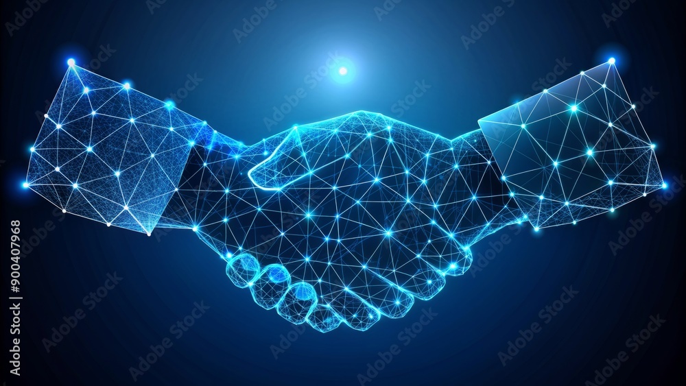Stylized low-poly abstract handshake forms a strong bond on a dark blue ...