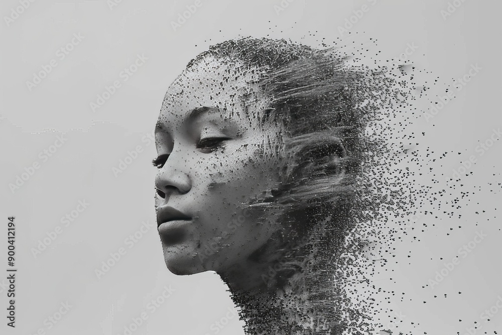 Monochromatic profile with disintegrating particles shades of grey ...