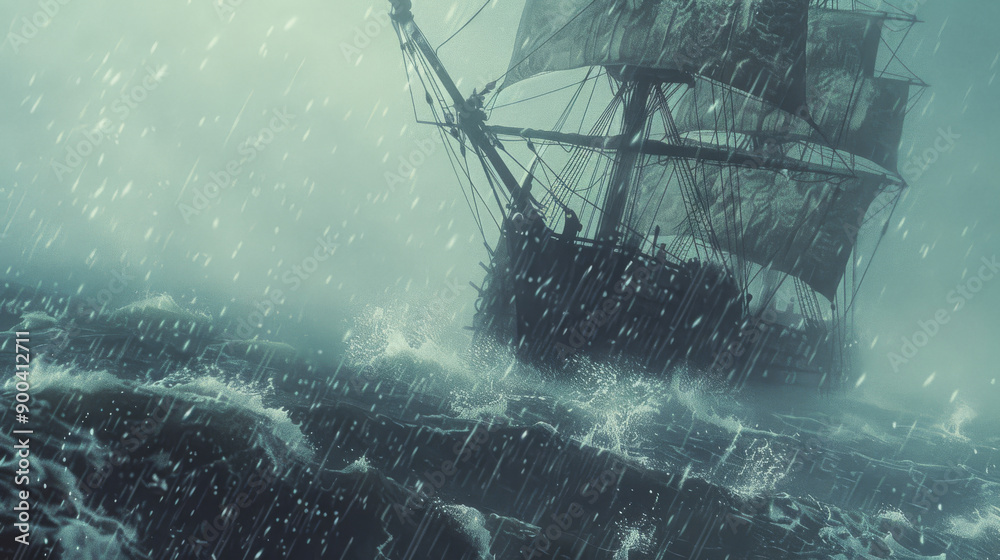 Tall ship braving a stormy sea with rain pouring down, embodying ...