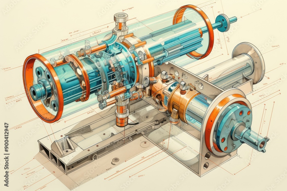 drawing of machine with many parts, diagram explaining the inner ...