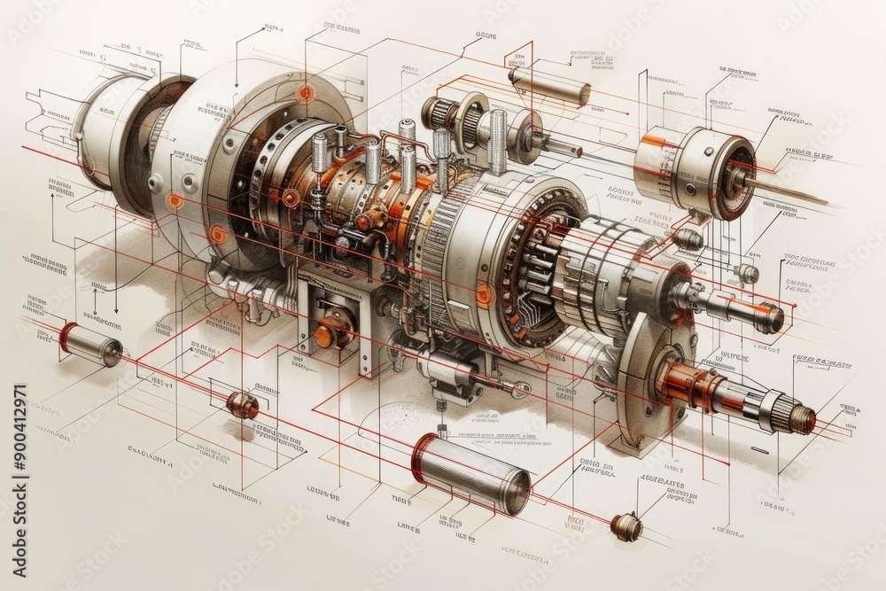 drawing of machine with many parts, diagram explaining the inner ...