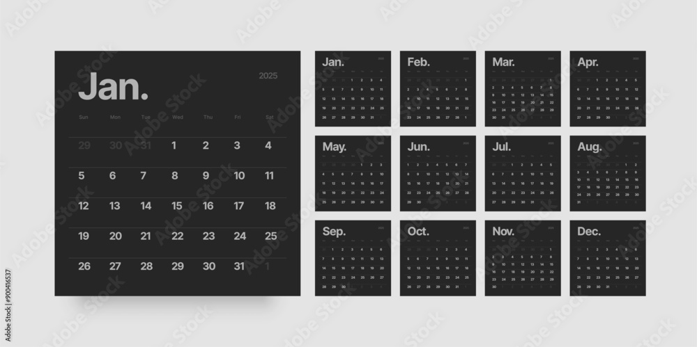Monthly calendar template for 2025 year. Wall calendar in black and ...