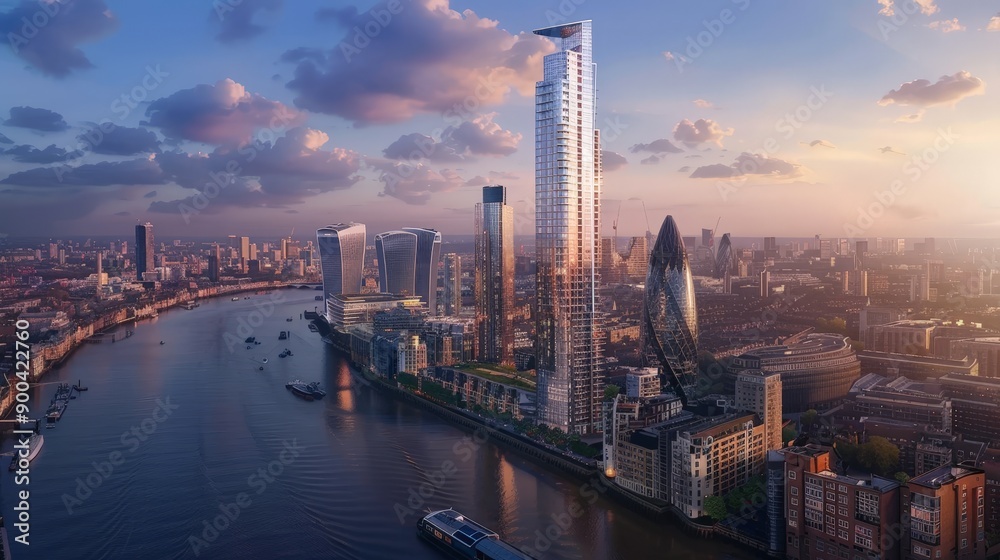 Capture the essence of riverfront from an aerial view, highlighting the ...