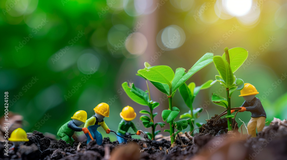 Miniature workers planting tree seedlings in soil with hard hats ...