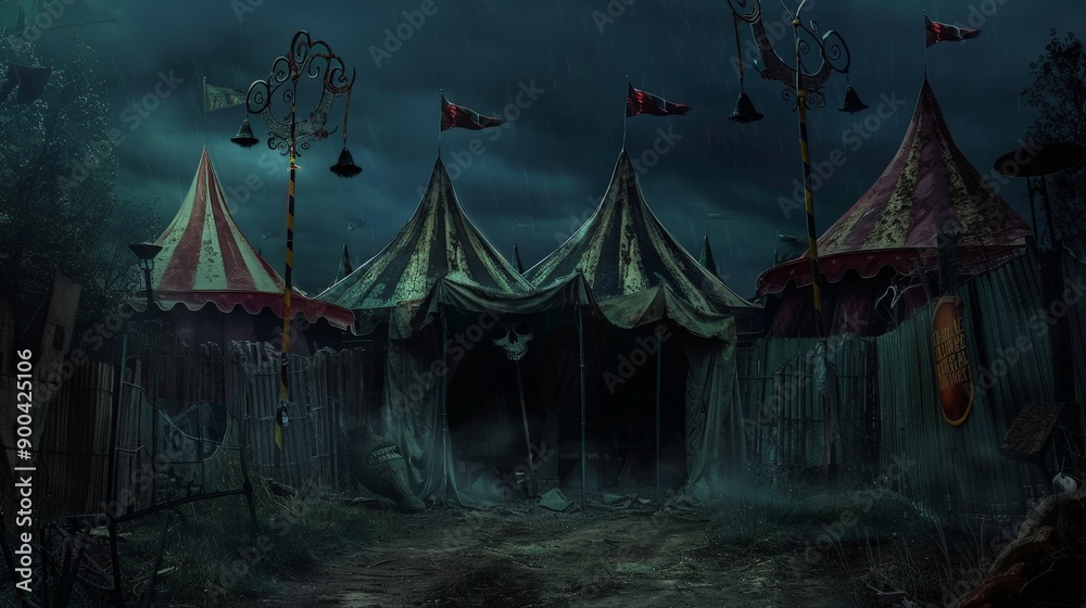 Depict a background of a haunted circus with tattered tents, creepy ...