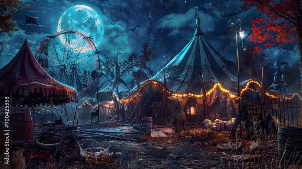 Depict a haunted circus with tattered tents, broken rides, and creepy ...