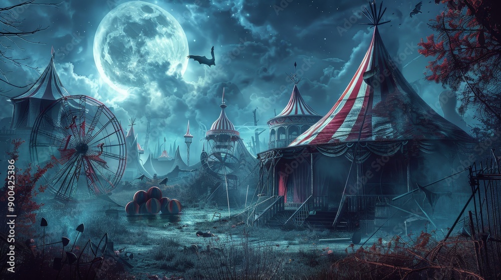 Depict a haunted circus with tattered tents, broken rides, and creepy ...