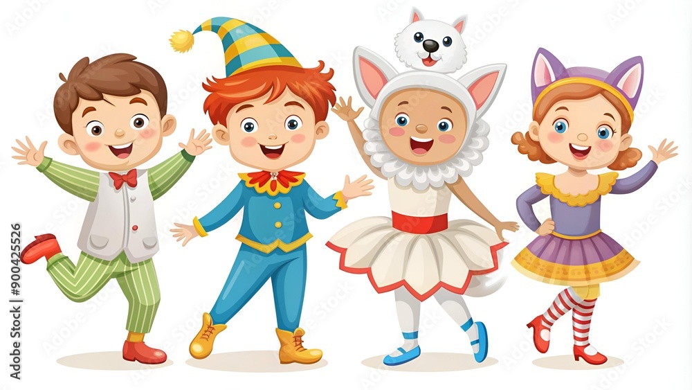 Happy smiling and dancing little kids in carnival costumes. Cartoon ...