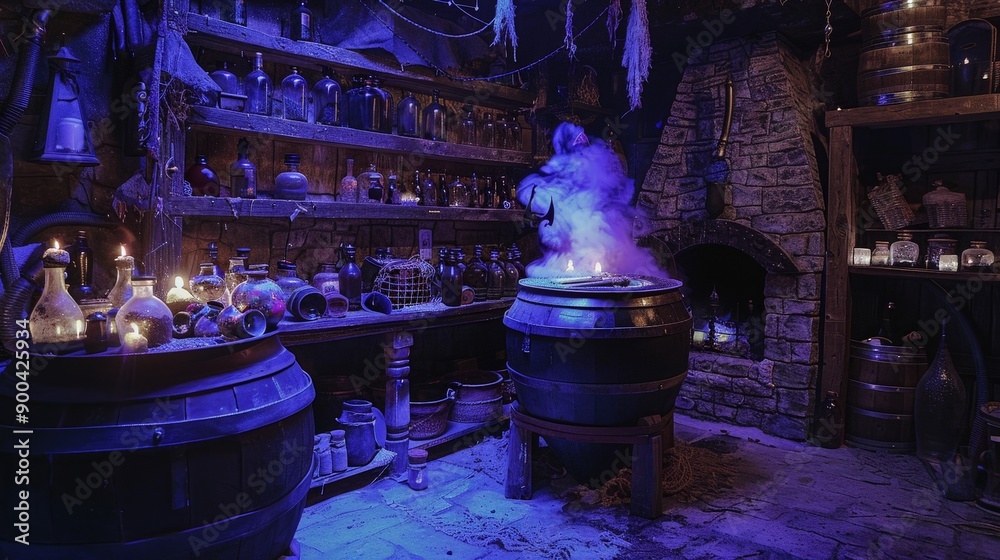 Depict a witch's lair with bubbling cauldrons, potion bottles, and ...