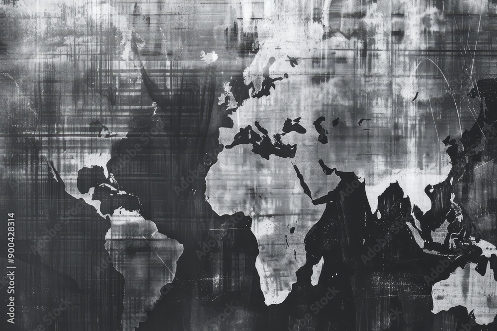 black and white photo of world map, grayscale brushstroke background ...