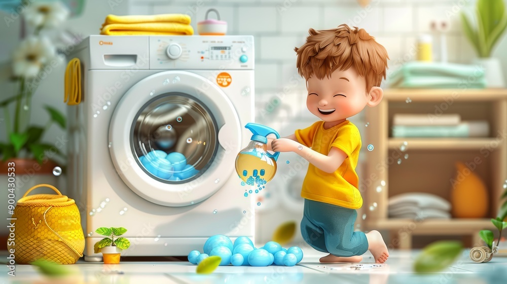 Child helping with laundry by pouring detergent into the washing ...