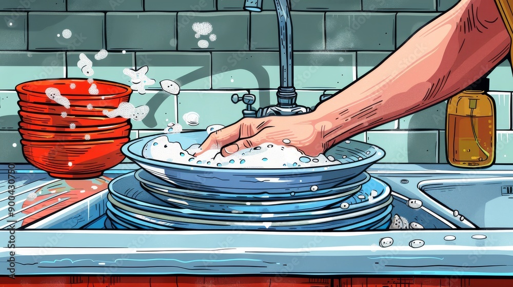 Person washing dishes in a kitchen sink, with soap suds and a stack of ...