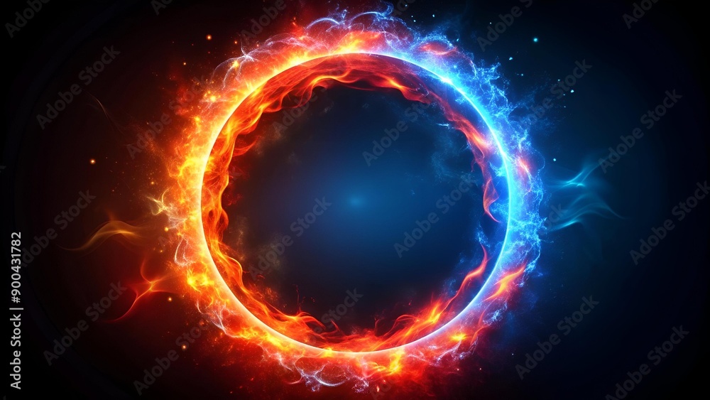 Red and blue neon glow ring with fire flame, particles and smoke on ...