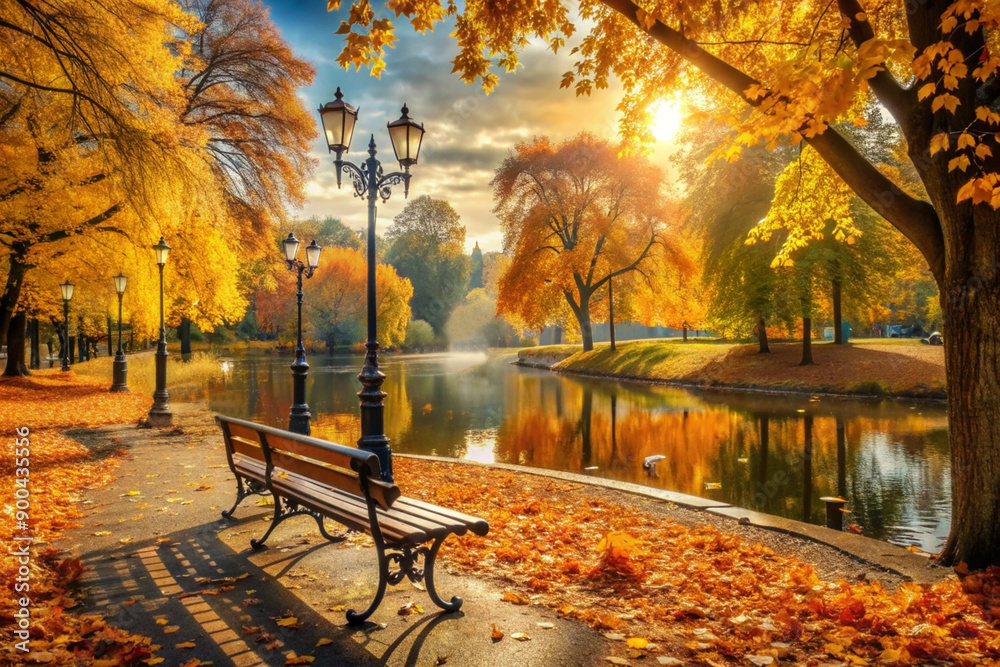 Picturesque landscape of Golden autumn, falling maple leaves. Suitable ...