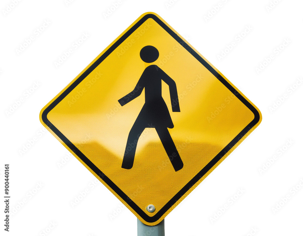 Yellow pedestrian crossing sign with black walking figure on isolated ...