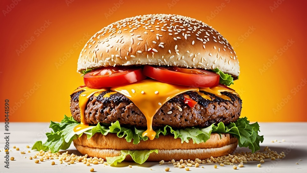 Single burger, vibrant background. The burger should be visually ...