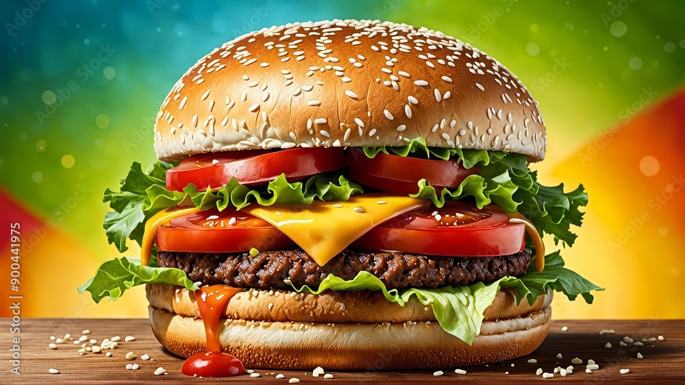 Single burger, vibrant background. The burger should be visually ...