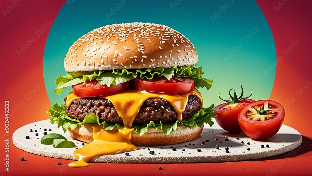 Single burger, vibrant background. The burger should be visually ...