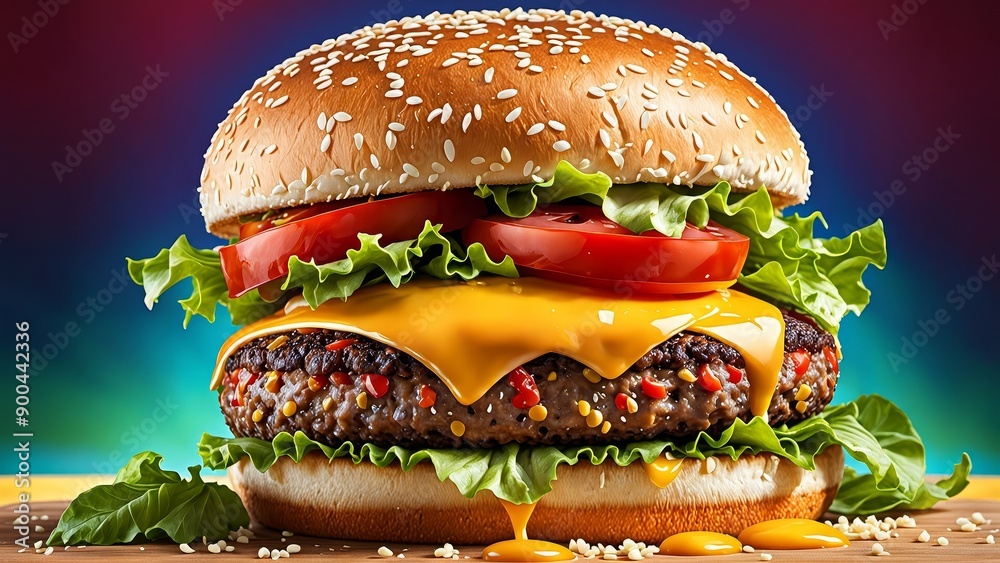 Single burger, vibrant background. The burger should be visually ...