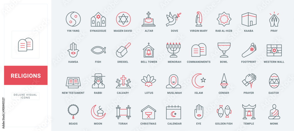 Christianity and Buddhism, Islam and Judaism religion line icons set ...