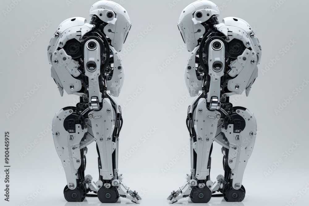 Twin robots in a high tech lab shades of white and grey detailed and ...