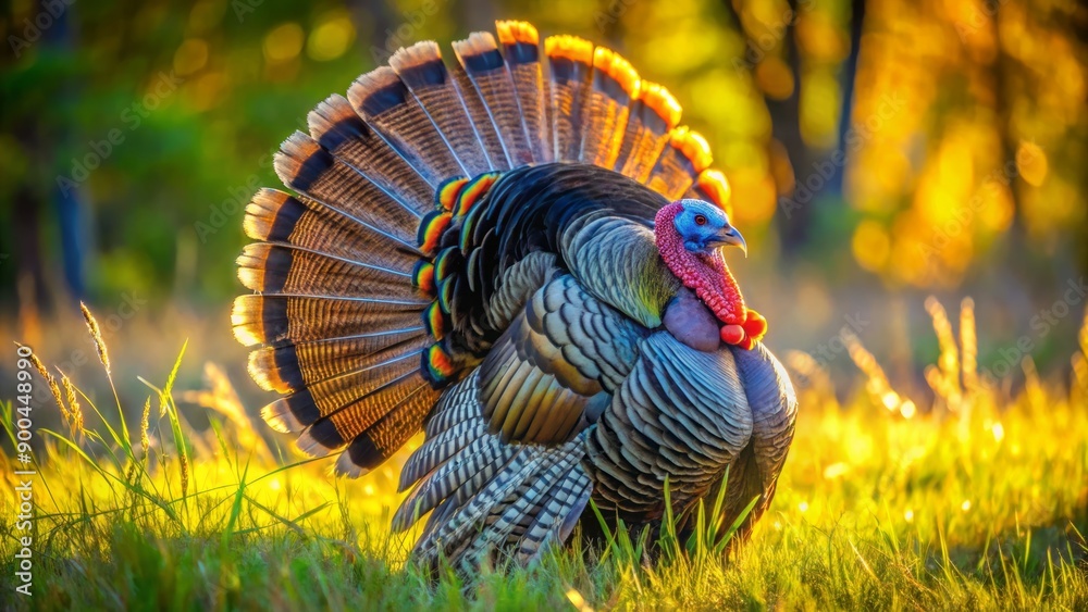 Vibrant male wild turkey proudly displays iridescent feathers and ...