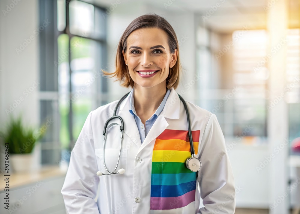 LGBT doctor women in medicine shirt and LGBT rainbow flag on background ...